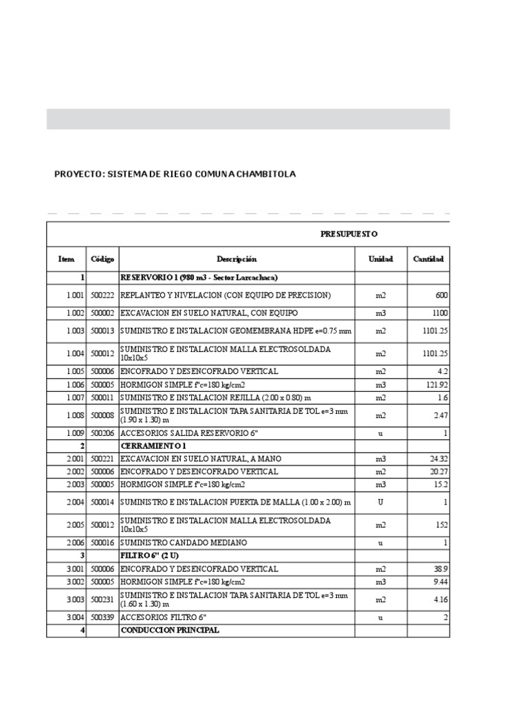 Sistema de Riego Chambitola - Presupuesto y Apu | PDF | Bienes manufacturados | Ingeniería de ...