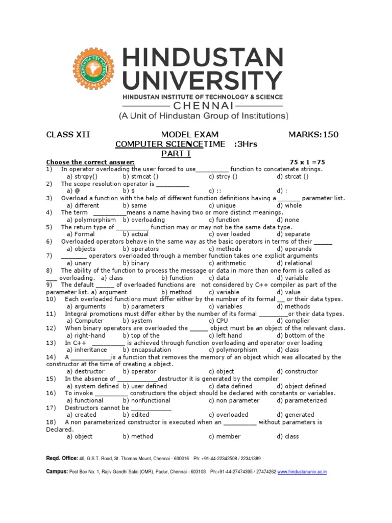 Class Xii Model Exam Marks:150 Computer Sciencetime:3Hrs | PDF | Method ...