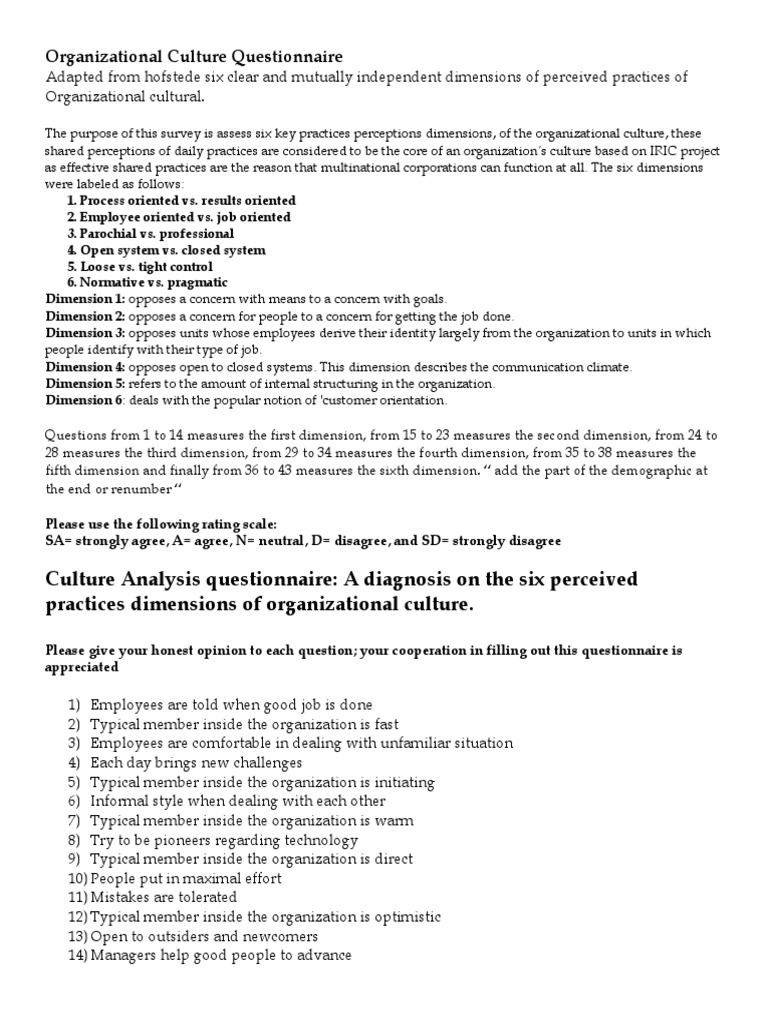 Organisational Culture Questionnaire | PDF | Organizational Culture ...