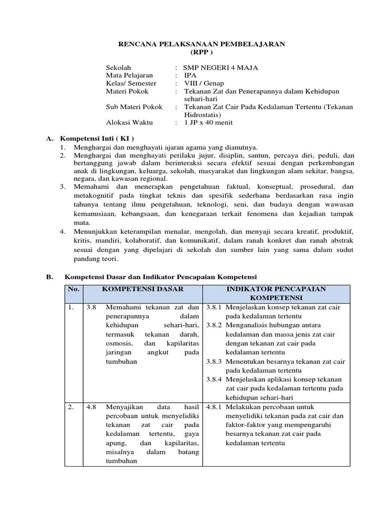 RPP Tekanan Zat Cair | PDF | Sains & Matematika