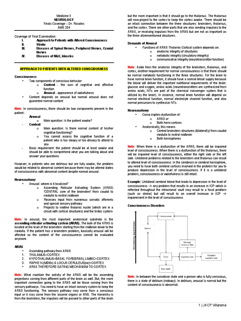 Neurology Lectures 1 4 DR - Rosales | PDF | Coma | Brainstem