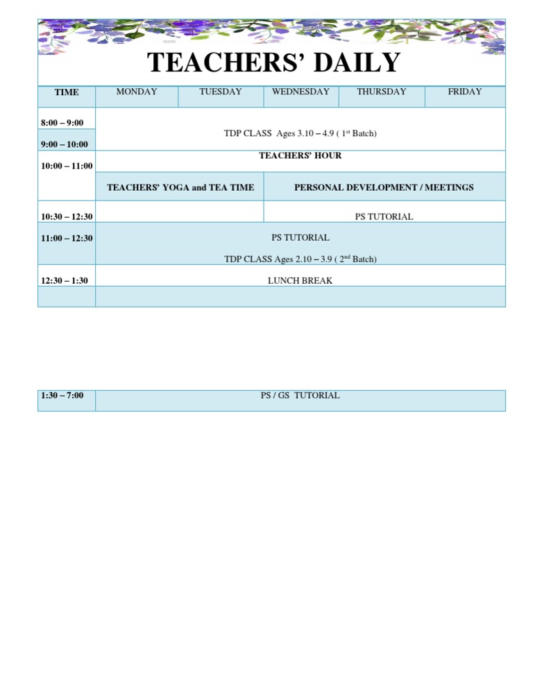 Weekly Teacher Schedule Overview | PDF