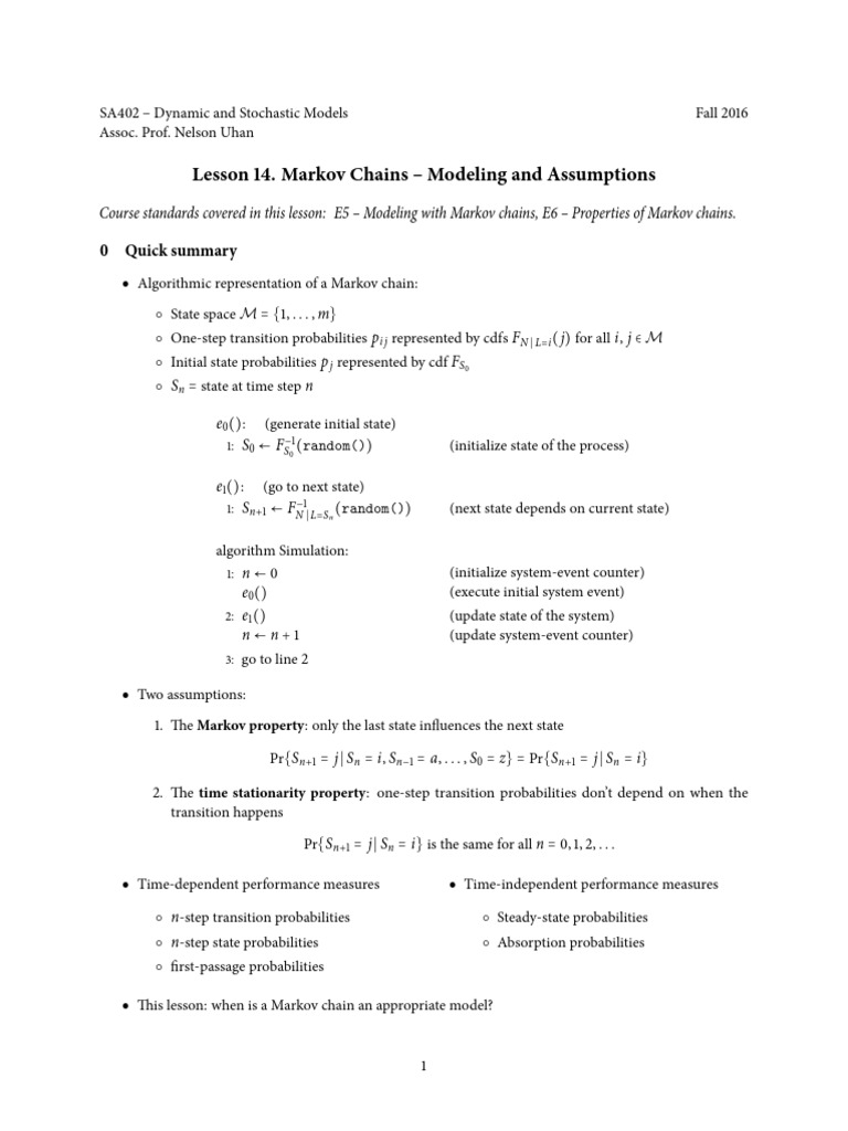 Lesson 14. Markov Chains - Modeling and Assumptions: 0 Quick Summary | PDF | Markov Chain ...