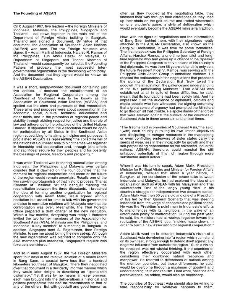 The Founding of ASEAN | PDF | Association Of Southeast Asian Nations ...