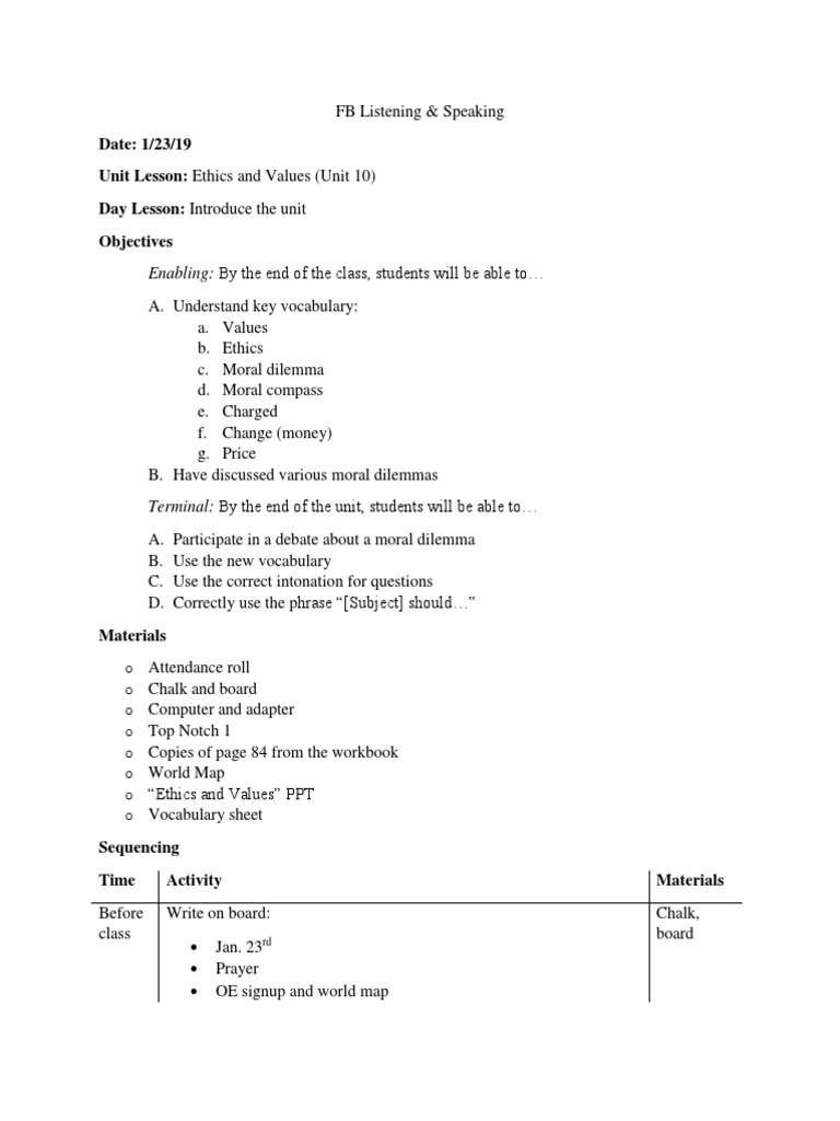 Ethics and Values Lesson Plan | PDF | Behavior Modification | Communication