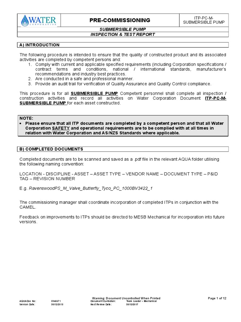 Submersible Pump Pre Commissioning ITP | PDF | Valve | Pump