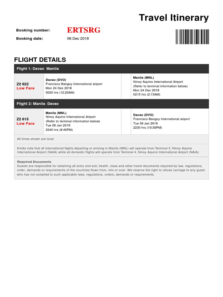 Davao to Manila Flight Itinerary | PDF | Aviation | Transport