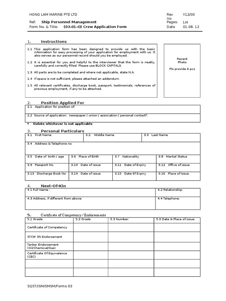 Instructions: Ship Personnel Management (03-01-O) Crew Application Form ...