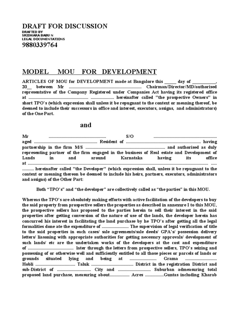 Model Mou for Development | Deed | Conveyancing