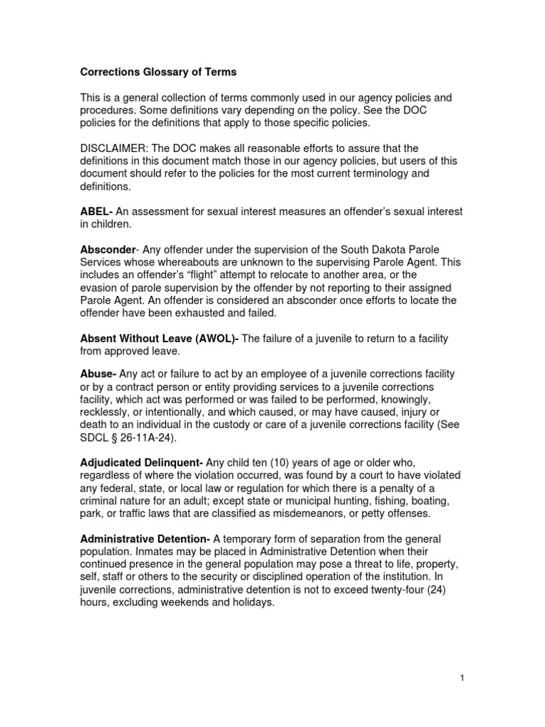 Corrections Glossary of Terms | PDF | Parole | Prison