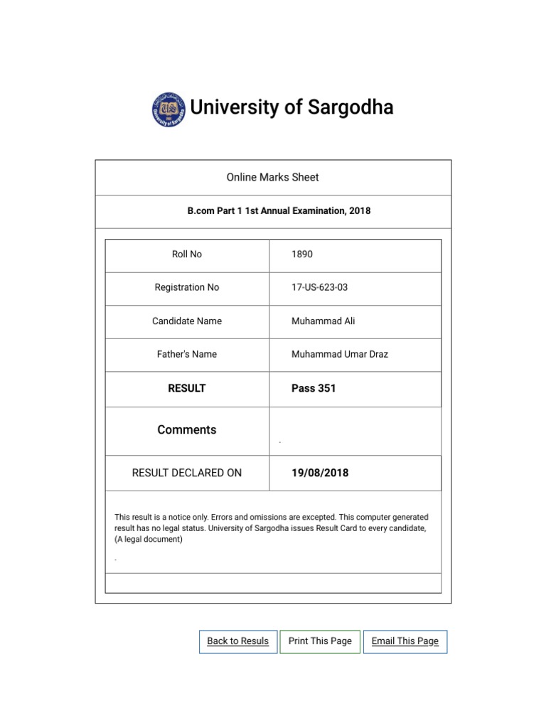 University of Sargodha - Result of B.com Part 1 1st Annual Examination ...