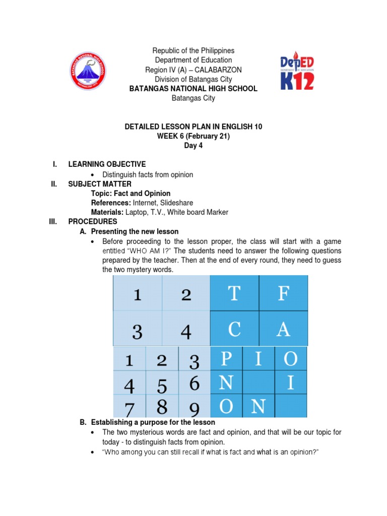 Fact vs Opinion Lesson Plan for Grade 10 | PDF | Opinion | Lesson Plan