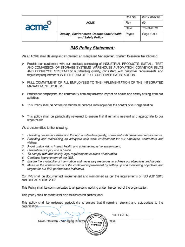 IMS Policy Statement:: Quality, Environment, Occupational Health and Safety Policy | PDF ...