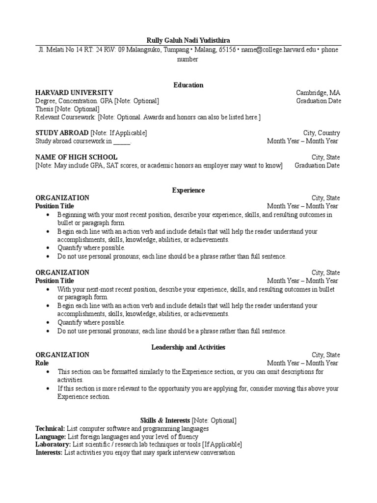 Harvard Resume Template Guide | PDF | Cognition | Communication