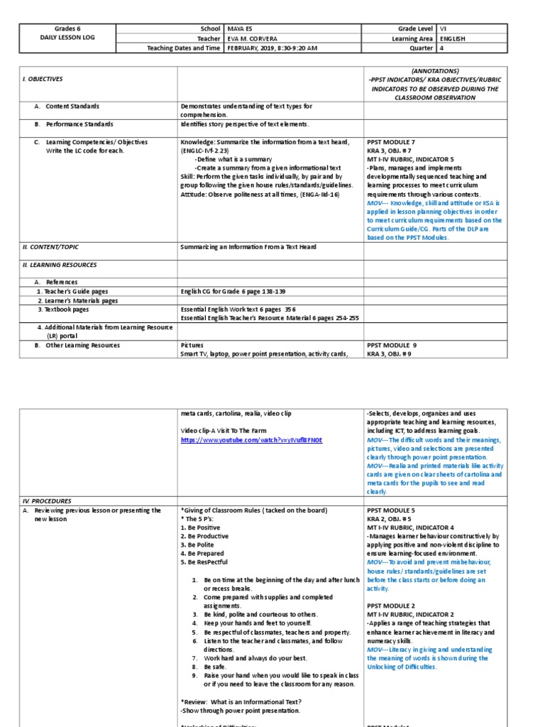 Cot DLP English 6 q4 Summarizing Informations Heard, With Annotations ...