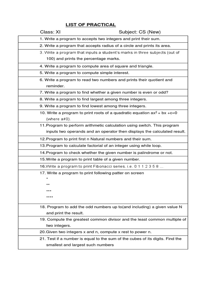 Class Xi Cs (New) List of Practical | PDF | Numbers | Integer Class Xi Cs (New) List of Practical | PDF | Numbers | Integer
