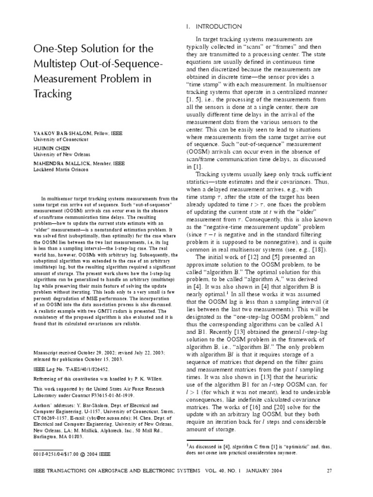 One-Step Solution For The Multistep Out-of-Sequence-Measurement Problem in Tracking | PDF ...