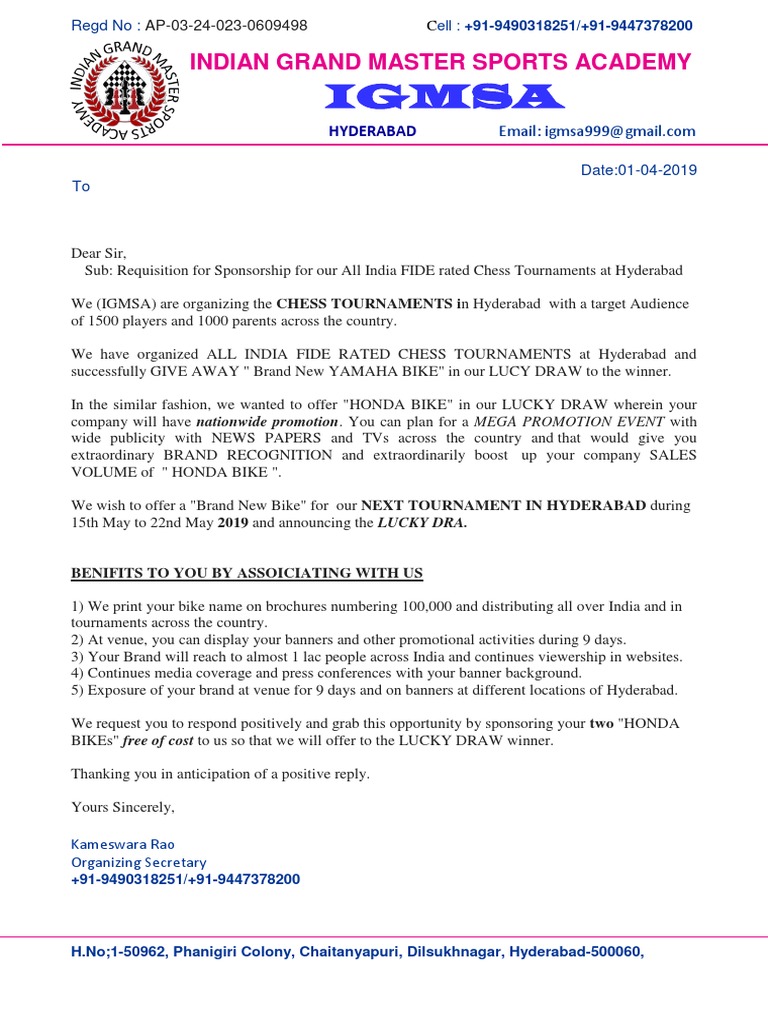 Request for Sponsorship of Chess Tournaments Through Donation of Honda ...
