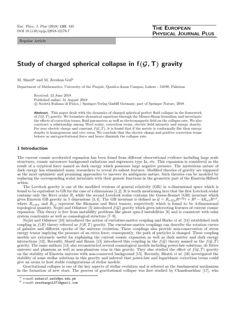 Charged Spherical Collapse in f(G, T) Gravity | PDF | Dark Energy | Force
