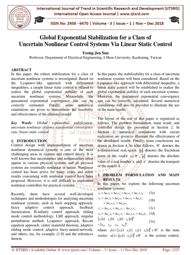 Global Exponential Stabilization For A Class of Uncertain Nonlinear Control Systems Via Linear ...