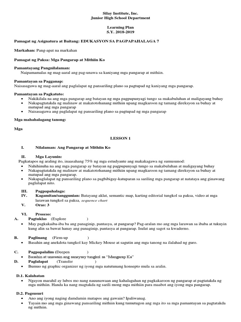 GRADE 7 Lesson Plan ESP 7 | PDF