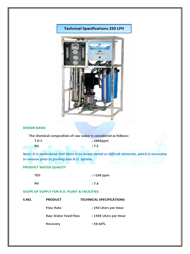 250-Lph-Ro Specification | PDF | Membrane | Water