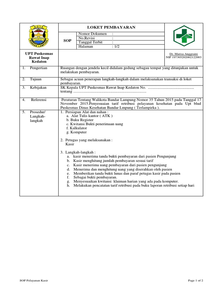 SOP Kasir Puskesmas Kedaton | PDF