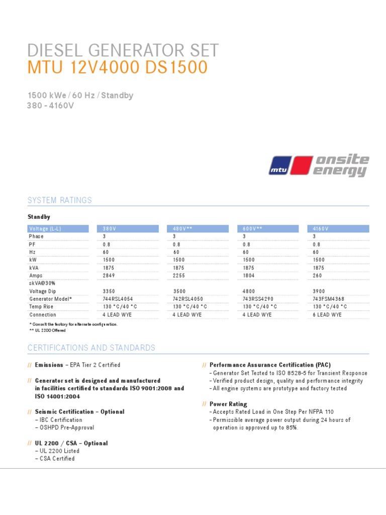MTU 12V4000 DS1500: Diesel Generator Set | PDF | Engines | Electric ...