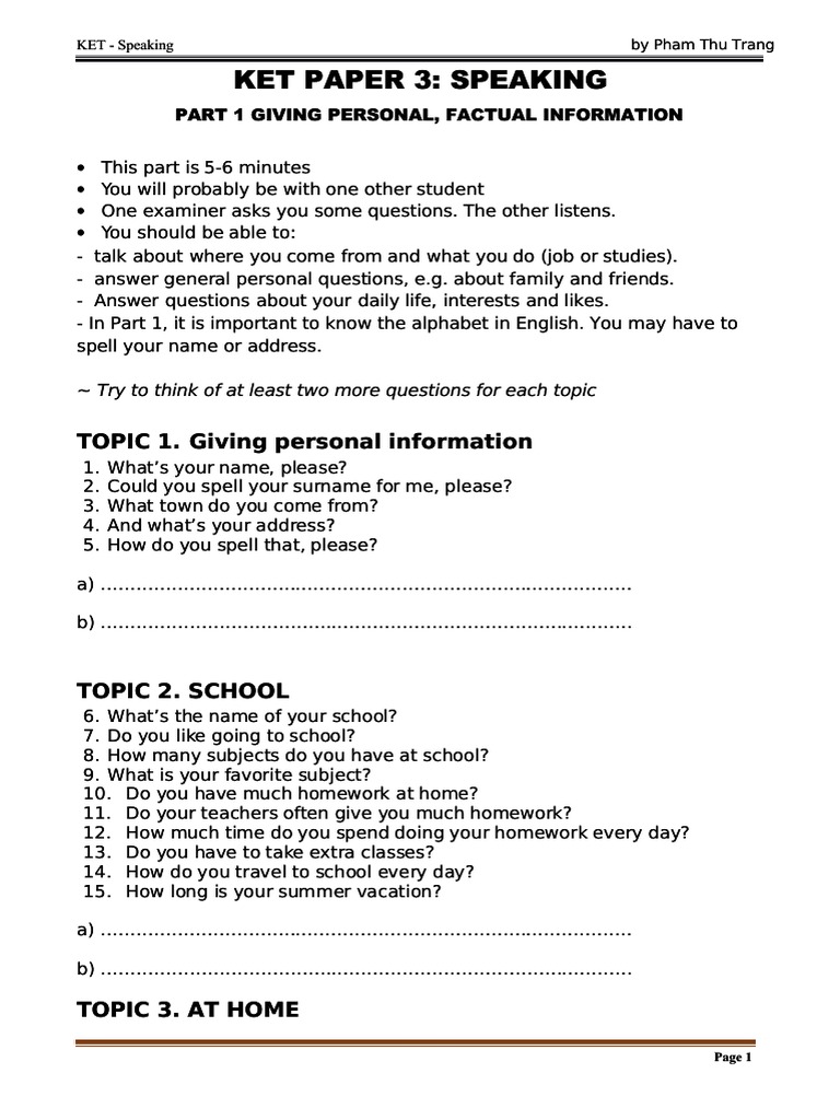 Ket Speaking Part 1 Questions | PDF