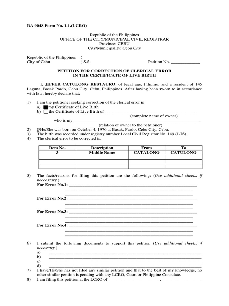 RA 9048 Form - Correction of Entry | Common Law | Public Law
