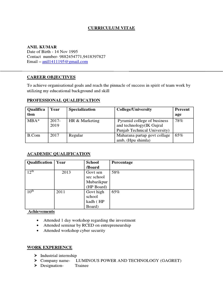 Anil CV | PDF | Business