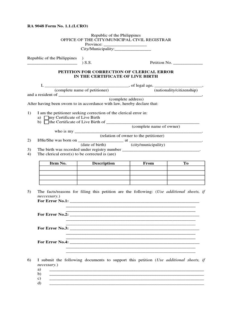RA 9048 Form - Correction of Entry | PDF | Government And Personhood ...
