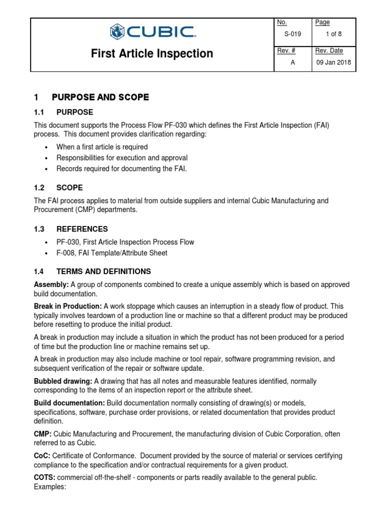 First Article Inspection: 1 Purpose and Scope | PDF | Quality Assurance ...
