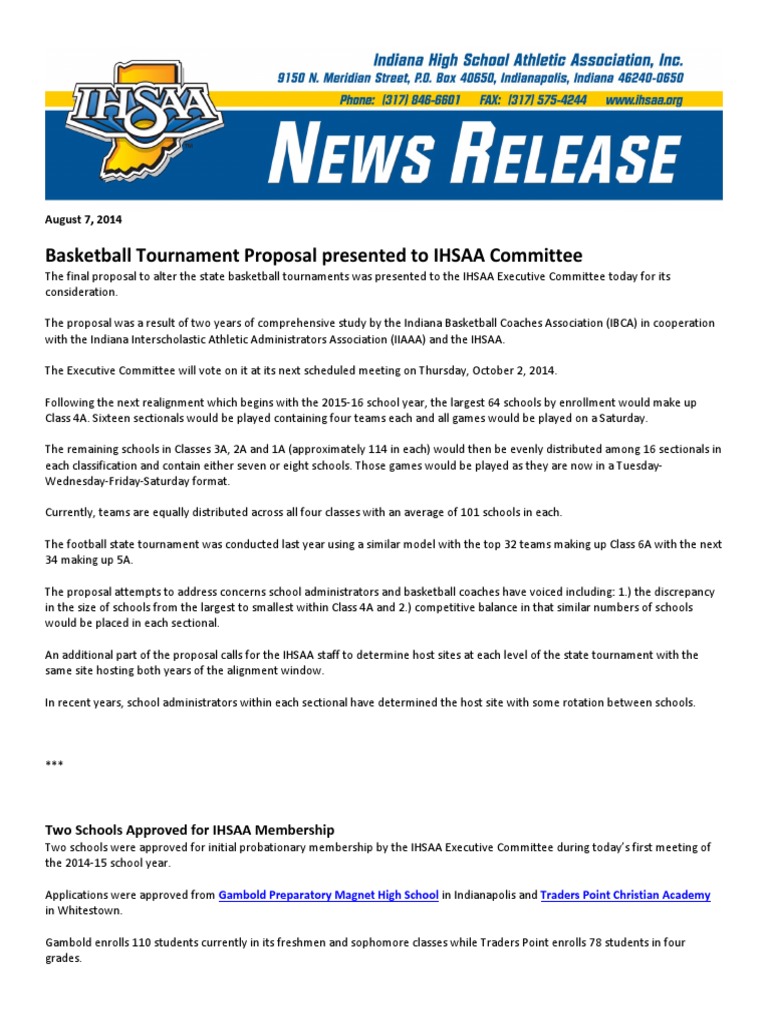 Basketball Tournament Proposal Presented To IHSAA Committee: August 7, 2014 | PDF | Sports