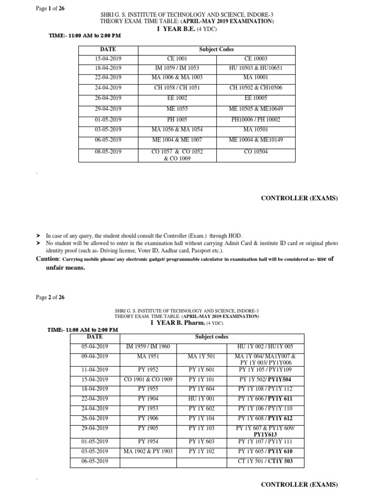 2019 Exam Time Table for B.E. & B. Pharm | PDF | Identity Document ...