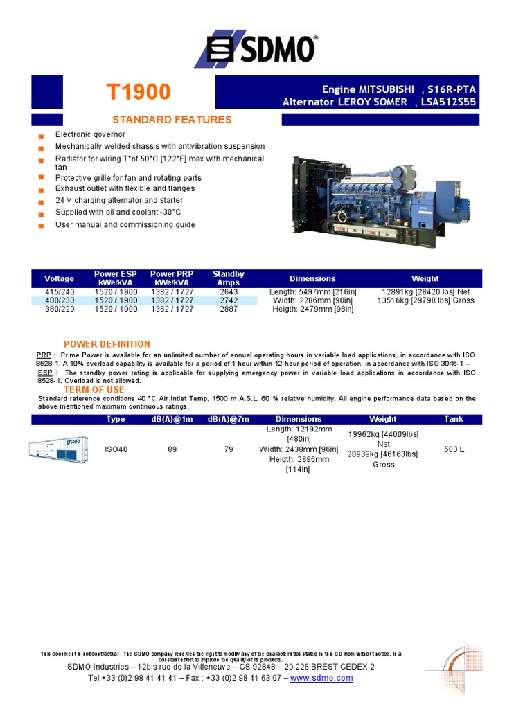 1900kva Diesel Generator Datasheet t1900k (English) | PDF | Mechanical Engineering | Engines