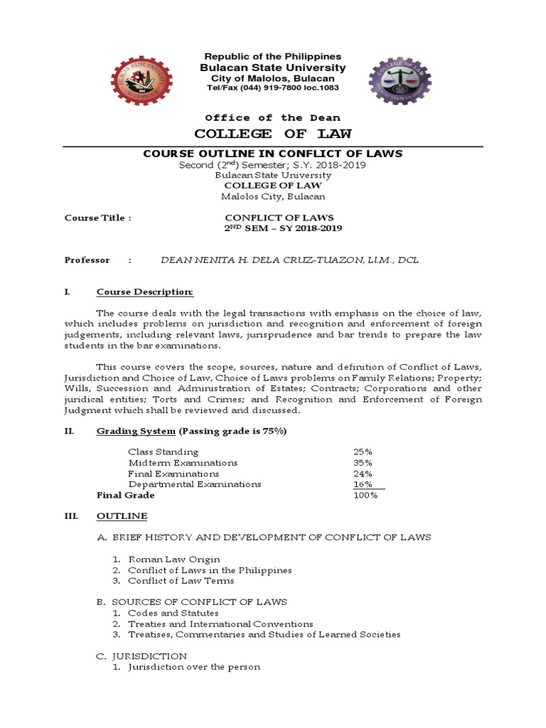 Bsu Conflicts of Law - Outline 2019 | PDF | Jurisdiction | Choice Of Law