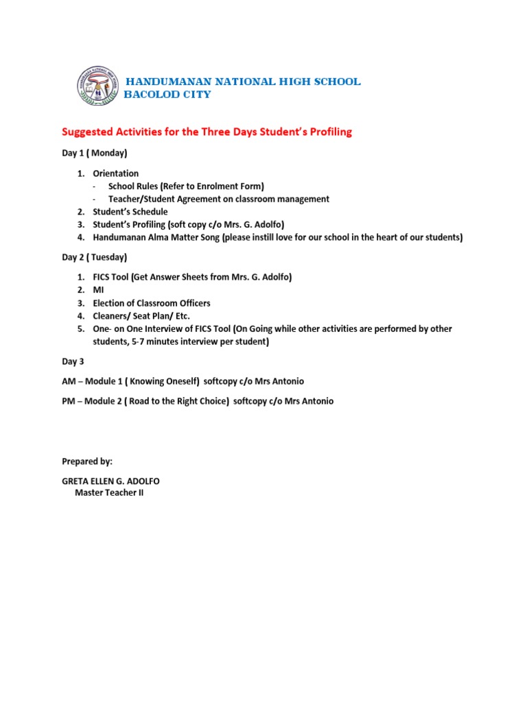 Student Profiling Activities Plan | PDF | Career & Growth