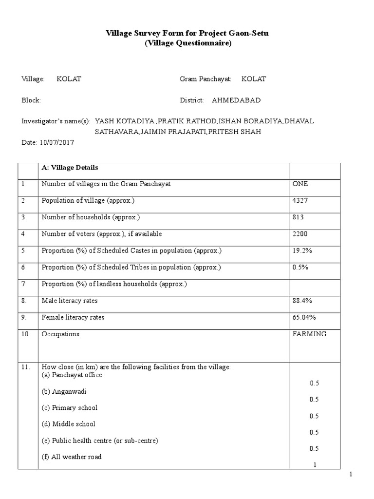 Village Survey Form | PDF | Bus | Business