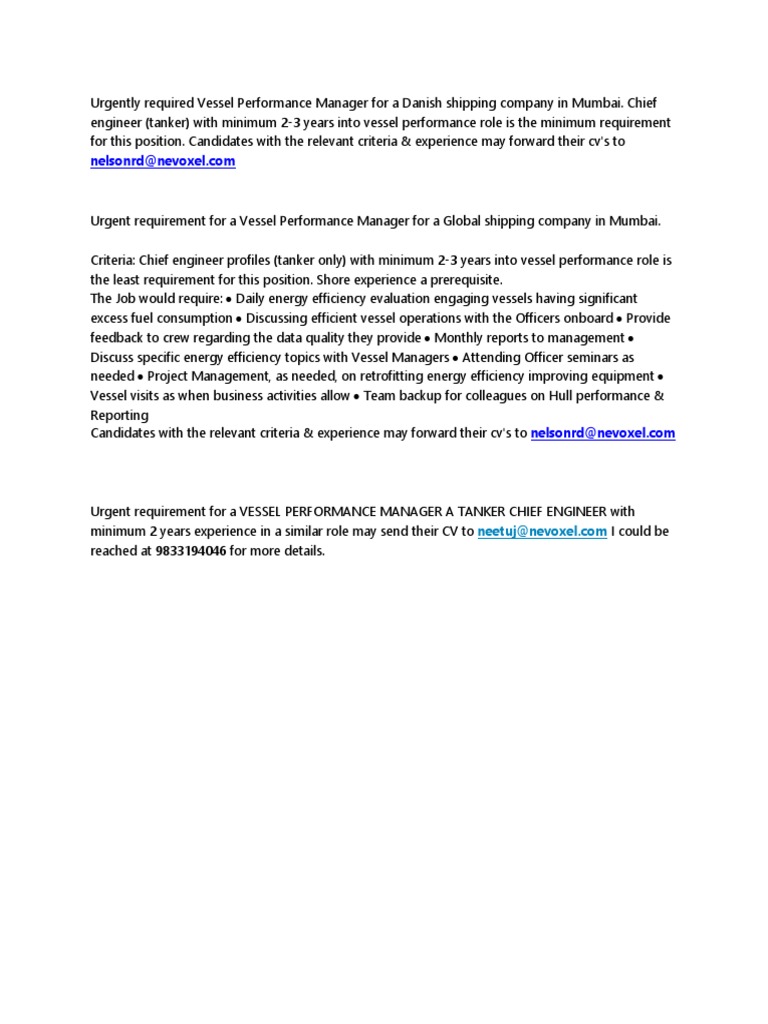 Urgently Required Vessel Performance Manager For A Danish Shipping ...