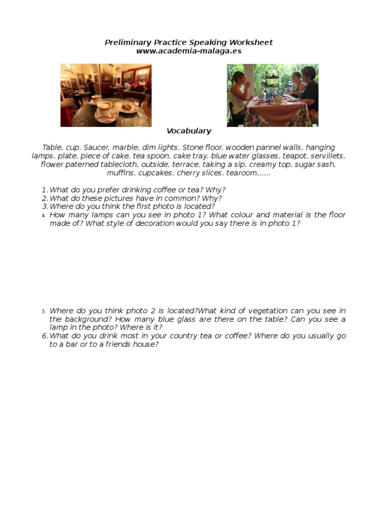 Preliminary Practice Speaking Worksheet | PDF