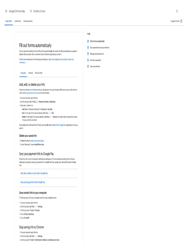 Fill Out Forms Automatically - Computer - Google Chrome Help | PDF