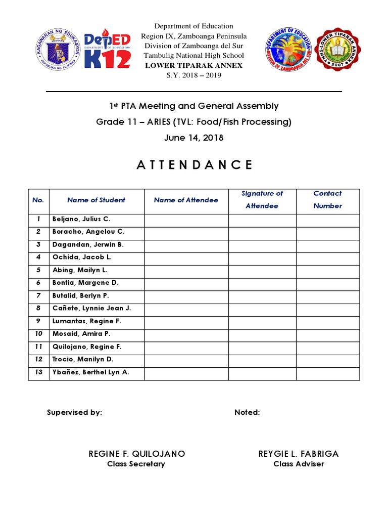 PTA Meeting Attendance 2018 - 2019 | PDF