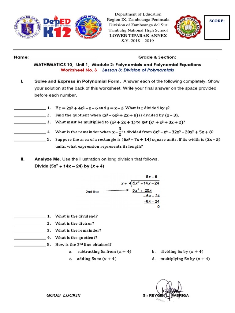 Worksheet No. 3: Lesson 3: Division of Polynomials | PDF | Arithmetic | Algorithms