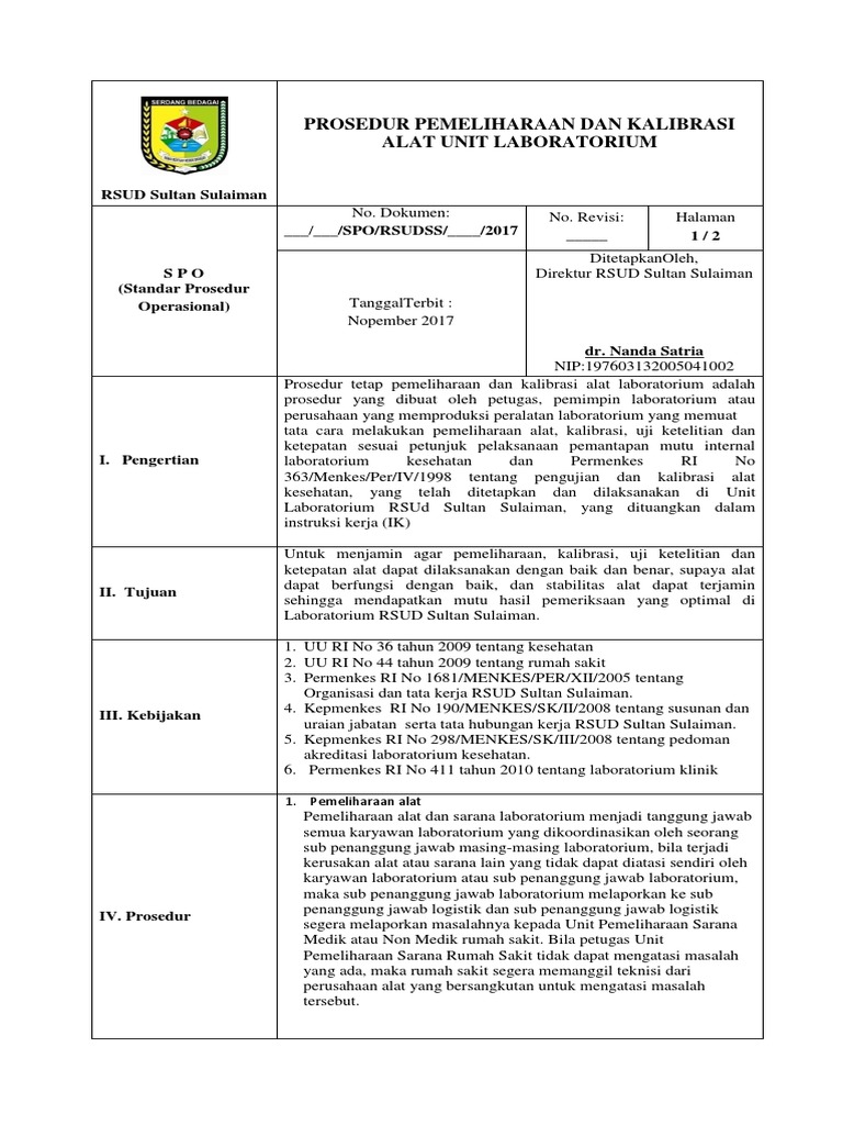 Sop Prosedur Pemeliharaan Dan Kalibrasi Alat Unit Lab | PDF