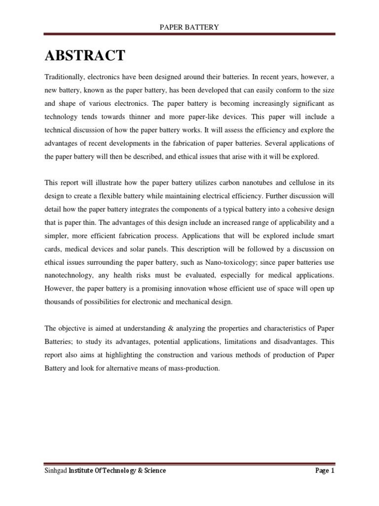 Seminar Report-Paper Battery | PDF | Carbon Nanotube | Rechargeable Battery