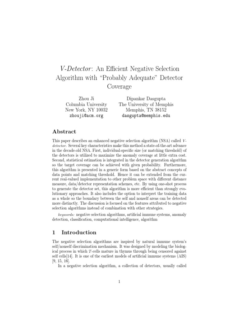 V-Detector: An Efficient Negative Selection Algorithm With "Probably Adequate" Detector Coverage ...