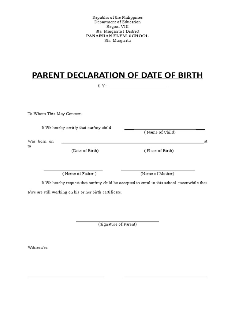 Parent Declaration of Date of Birth: Panaruan Elem. School | PDF