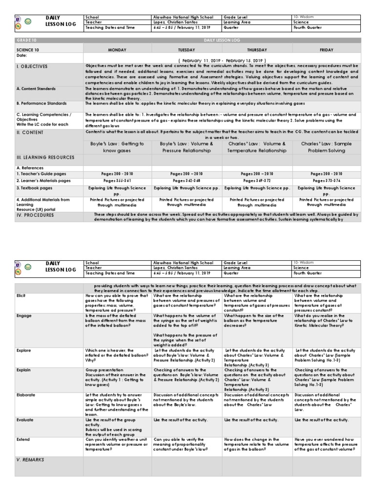 Science Dll for Grade 10 v2 | Gases | Learning