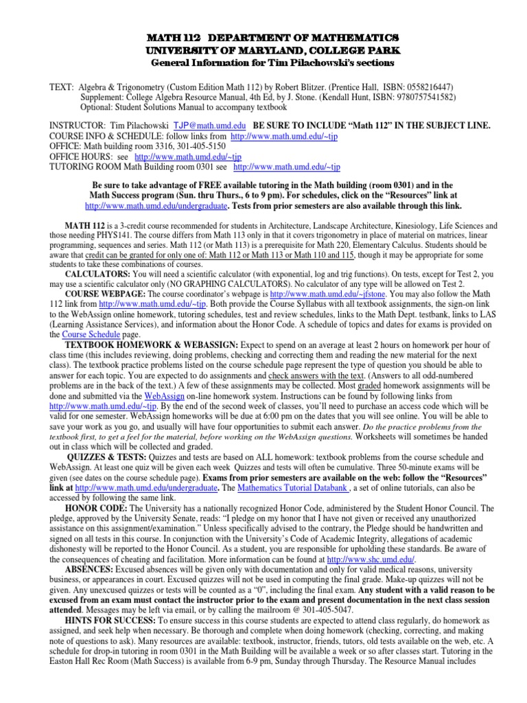 General Course Information and Syllabus for Tim Pilachowski's Sections ...